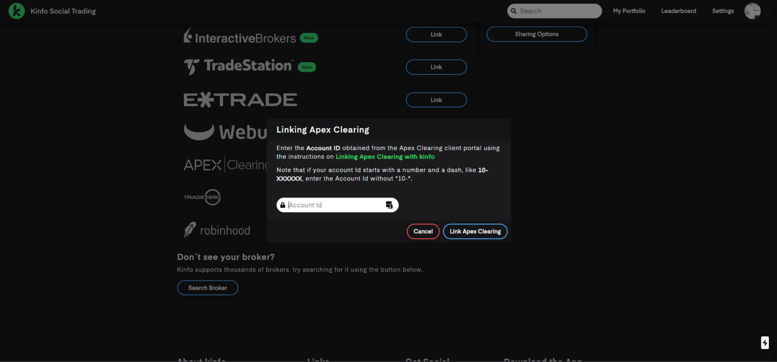 Linking Apex Clearing - KINFO - Social Trading